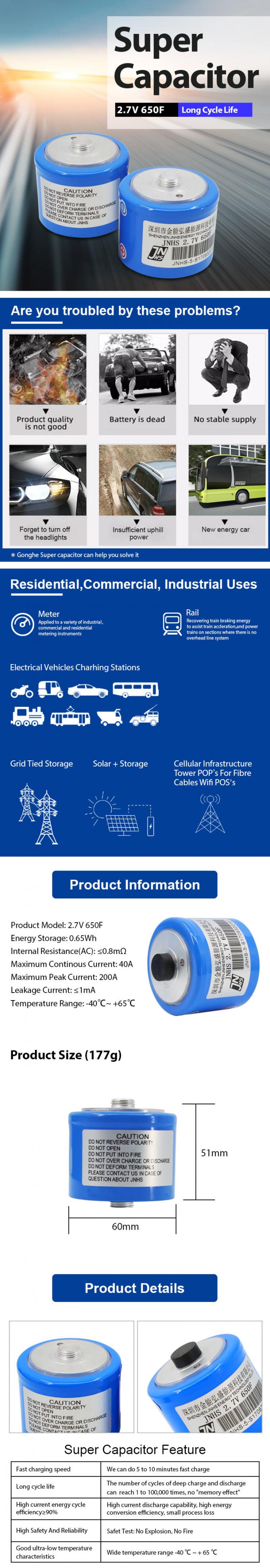 0.65Wh High Current Super Capacitor Battery 2.7V 650F 60x51Mm